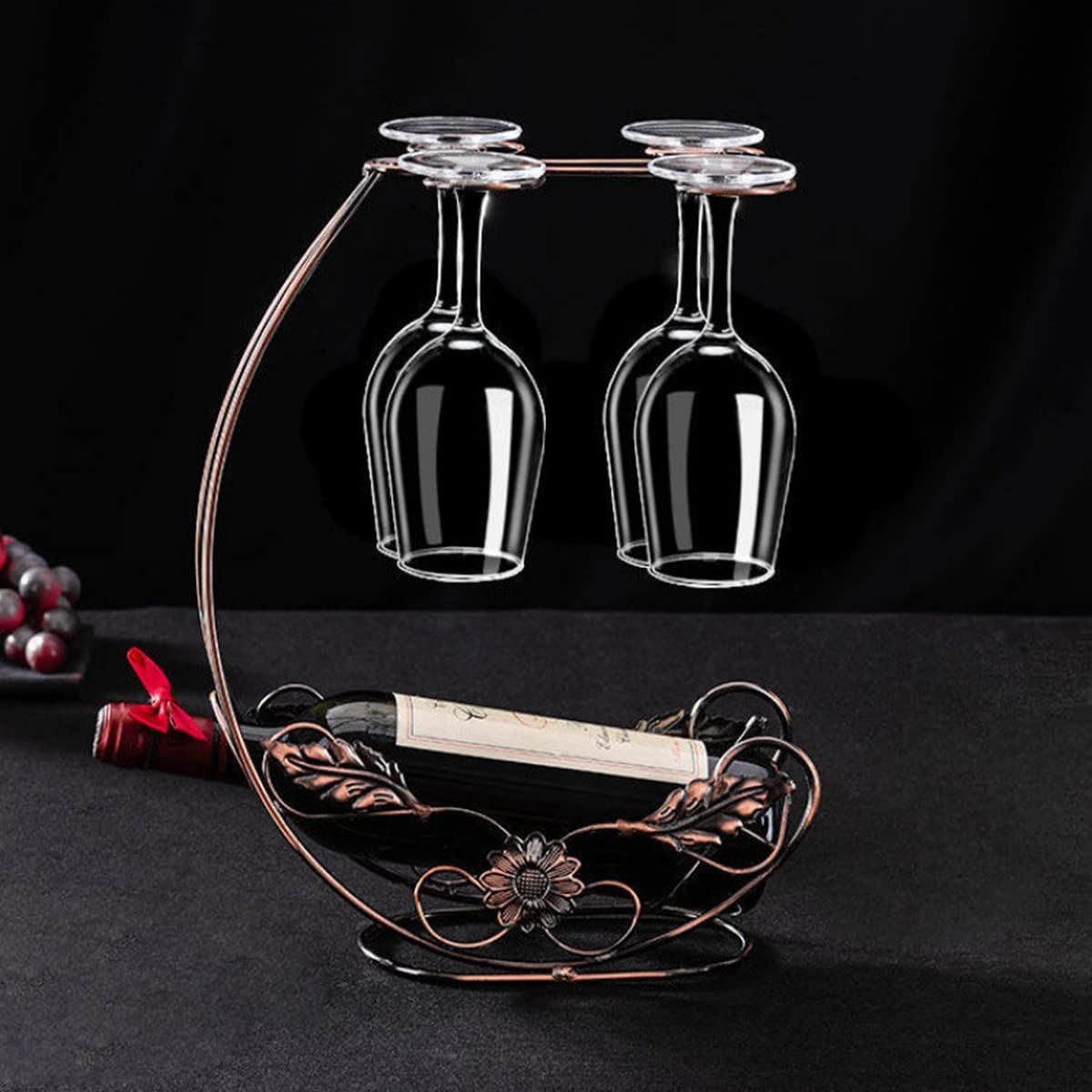 Homya Tabletop Metal Wine Glass Holder, Wine Countertop Goblet Holder Kitchen Bar Display Stand for Handy Wine Glasses Wine Bottle Holds 1 and 4 Wine Glasses, Table Wine Bottle Accessories, Bronze