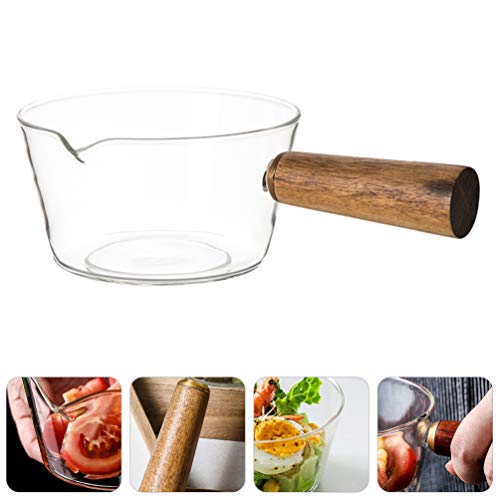 HANABASS Creamer Mug Pan Mini Butter Warmer Wooden Handle Heating Liquid Pot 600ML Glass Triple Pitcher Barista Single Spouts With Wood Handle Sauce Pot Assorted Color
