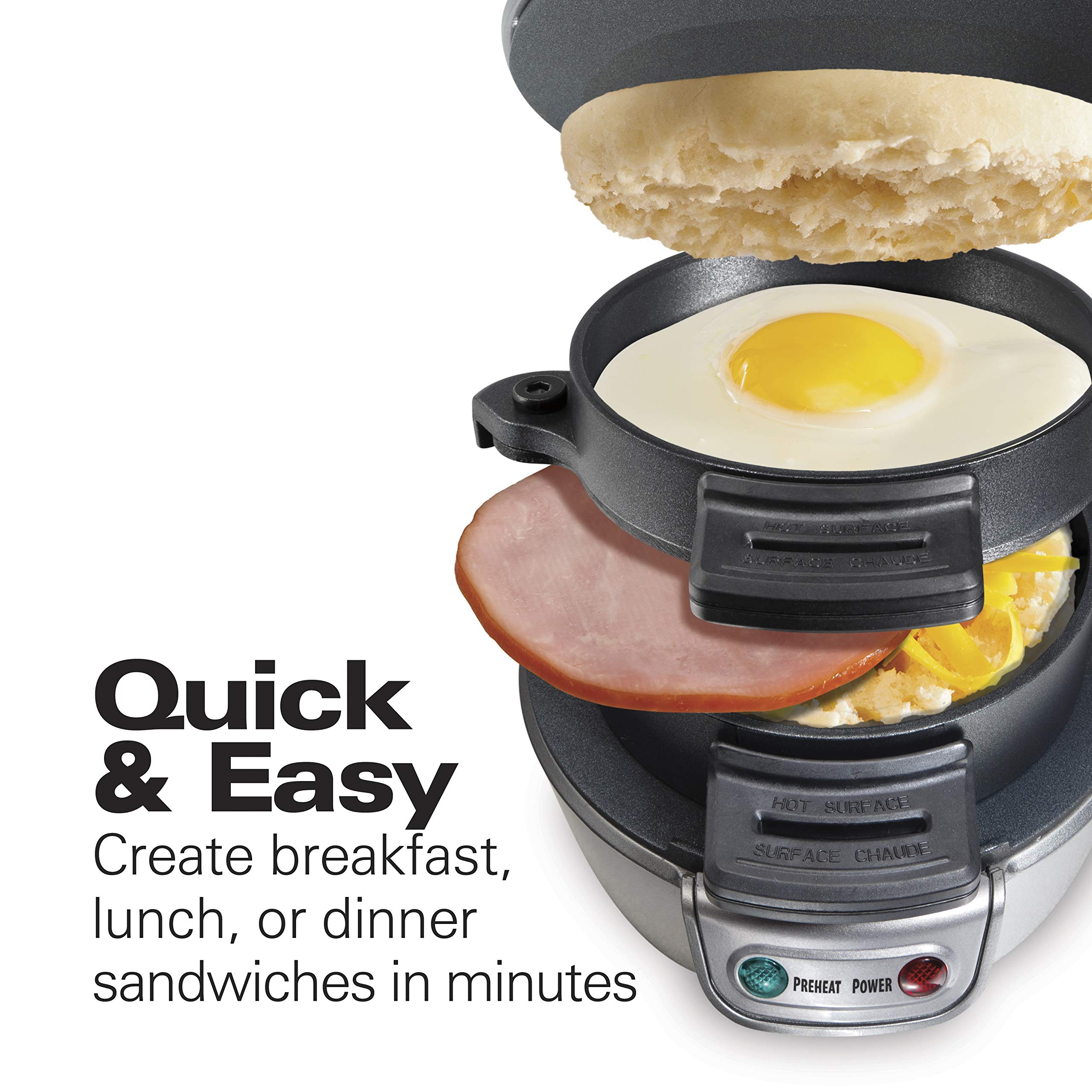 Hamilton Beach Panini Press, Sandwich Maker & Electric Indoor Grill, Upright Storage, Nonstick Easy Clean Grids, Stainless Steel (25410) & Breakfast Sandwich Maker, Silver (25475A)