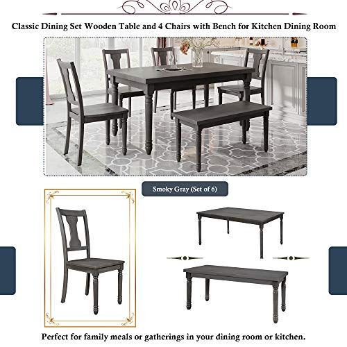 SweetFm Table & Chair Wooden Rectangular Dining Table, Farmhouse Rustic 6-Piece Kitchen Set with 4 Upholstered Chairs and 1 Bench,Gray, 60in, Grey