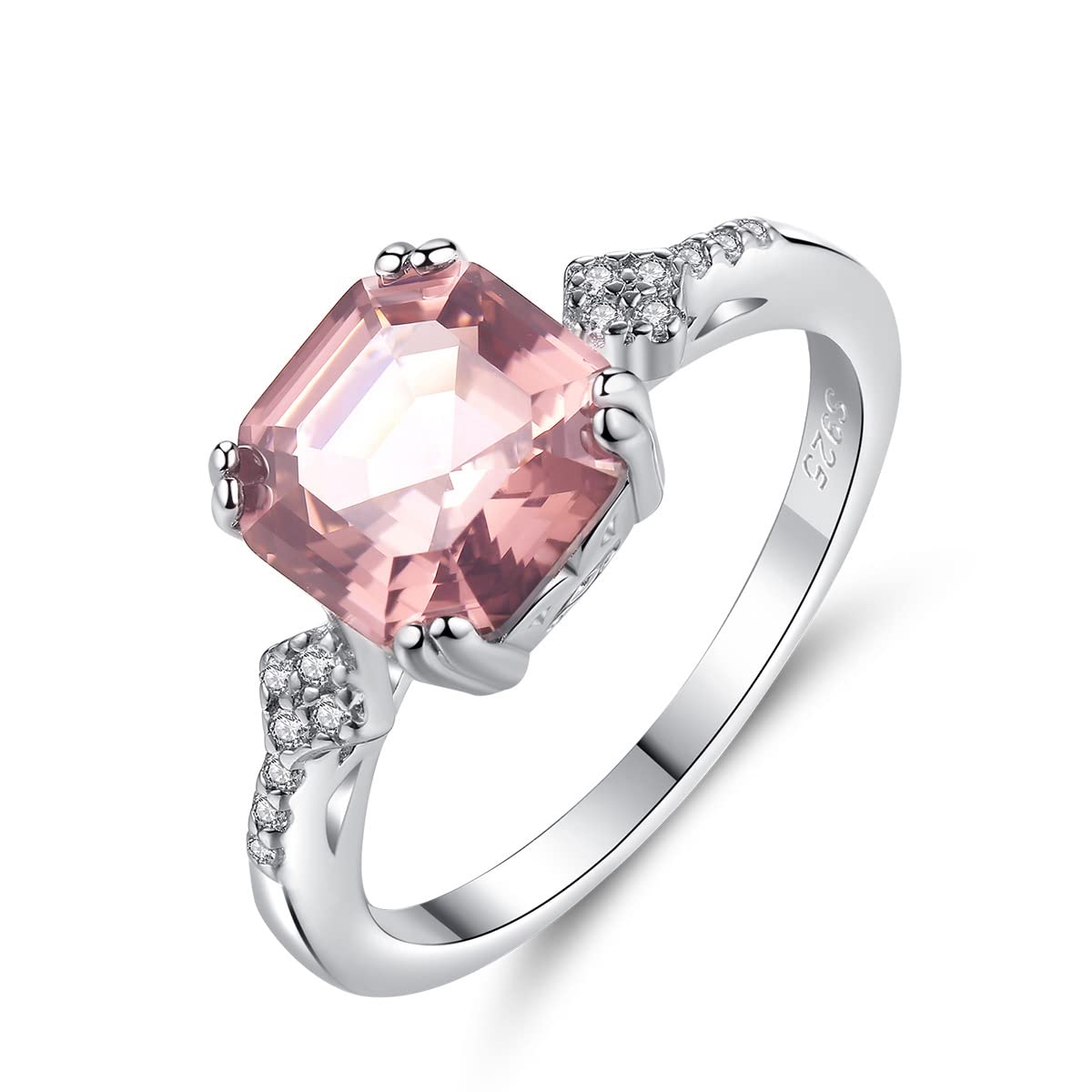 Gdirection 925 Sterling Silver Simulated Morganite Ring for Women, CZ Cubic Zirconia Square Asscher Cut Nano Pink Gemstone S925 Palladium Plated Eternity Engagement Band with Gift Box (8)