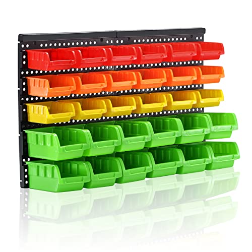MULSAME Garage Storage Bins With Pegboard, Wall Mounted Parts Rack with 30PCS Bins Organizer, Stackable Garage Plastic Shop Tool, Garage Organizers for Nuts, Screws, Nails, Beads, Bolts Storage