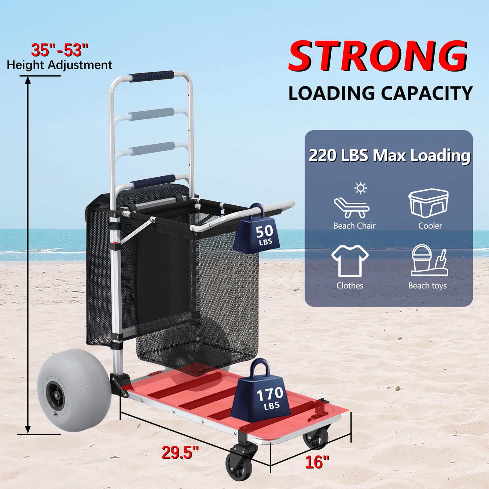 GDLF Beach Cart for All Types of Sand, Foldable Beach Cart with Adjustable Handle and 12" Balloon Wheels, Heavy Duty Aluminum Beach Wagon 220LBS Loading Capacity and Large Cargo Deck 29.5" x 16"