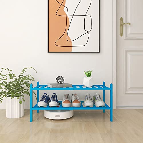 quiqear Bamboo Shoe Rack, 2 Tier Shoe Rack Organizer, Stackable & Durable Shoe Shelf Holder, Free Standing Shoe Racks, Shoe Storage Organizer for Entryway, Closet, Hallway (Blue)