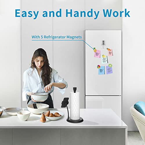 Multi-Function Black Paper Towel Holder Countertop with Phone Holder, Easy One Hand Tear Paper Towel Holder Stand with Weighted Base Spring Arm for Most Sizes Paper Roll for Kitchen Paper Towel Rack
