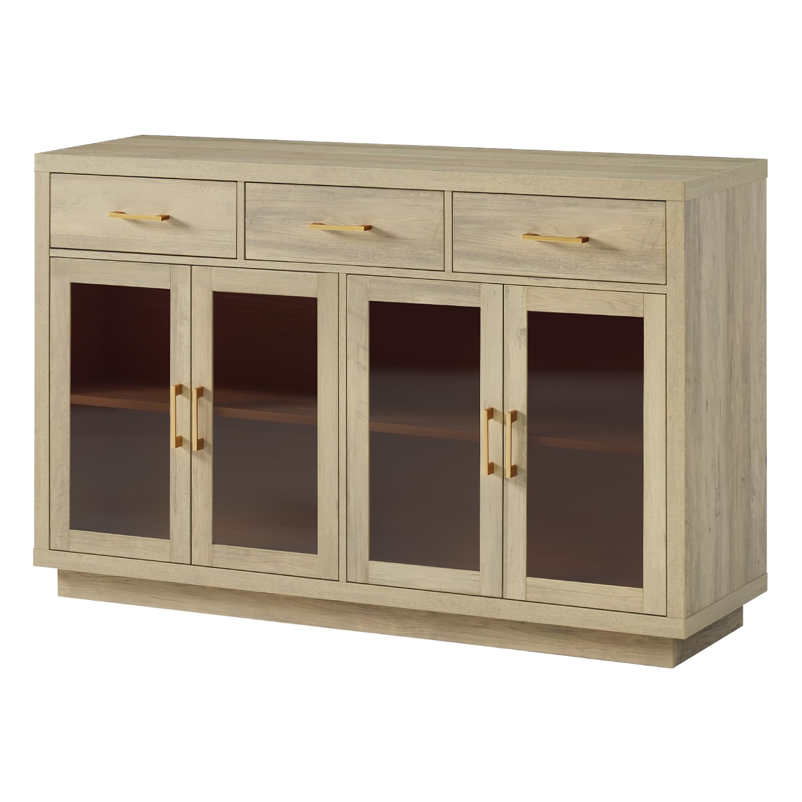 OAKHAM HOME Buffet Cabinet with Storage, 52.1" Large Sideboard Buffet Cabinet with 3 Drawers and 4 Glass Doors, Modern Wood Coffee Bar Cabinet, Buffet Table for Kitchen (Driftwood Oak)