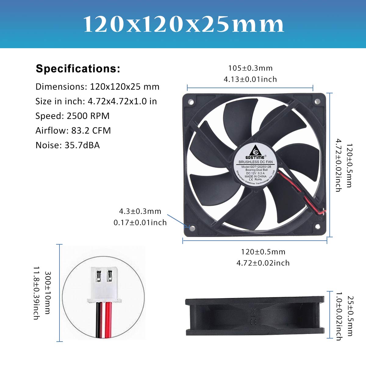 GDSTIME 120x25mm Ball Bearing Fan Bundle with Hydraulic Bearing 120x25mm Fan - 12V 2 Pin