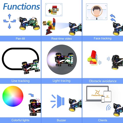 Freenove 4WD Smart Car Kit for Raspberry Pi 4 B 3 B+ B A+, Face Tracking, Line Tracking, Light Tracing, Obstacle Avoidance, Colorful Light, Ultrasonic Camera Servo (Raspberry Pi NOT Included)