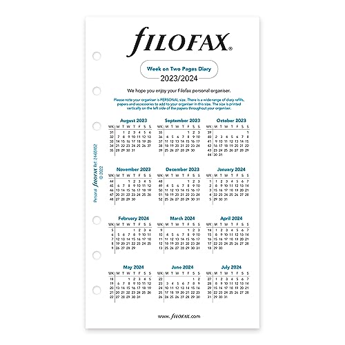 Filofax Calendar Diary Refill, Personal/Compact Size, Week-to-View, Academic, White Paper, Unruled, English, August 2023 to July 2024 (C68452-24)