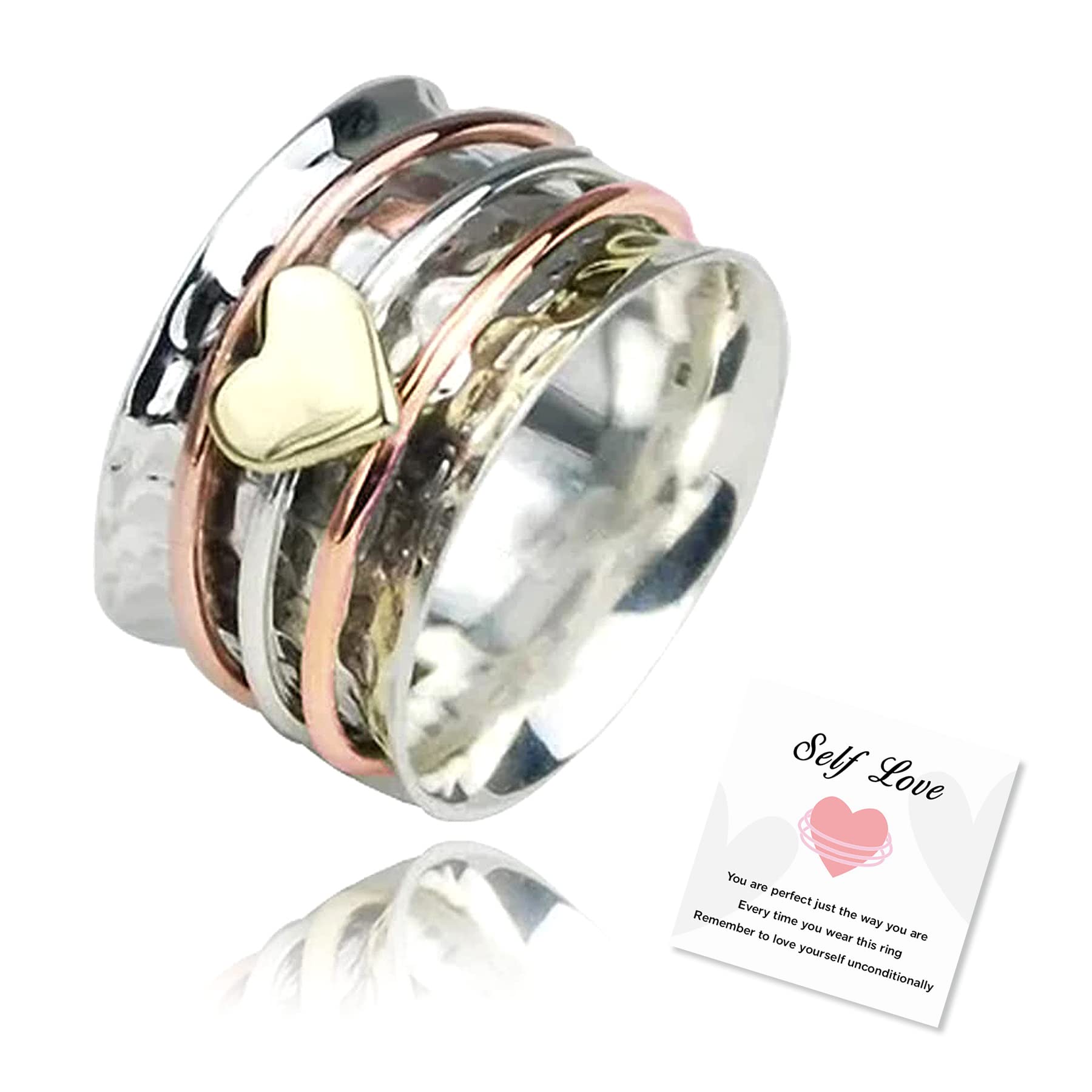 Gmai Self Love Spinner Heart Ring Silver Plain Hammered Spinner Band Rings Anxiety Relief Heart Design Fidget Spinner Wide Band Ring Love Ring Gift for Women