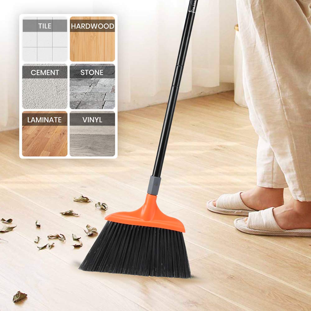 TreeLen Heavy-Duty Broom, Long Handle Angle Broom 14.5" Wide for Garages, Courtyard, Sidewalks, Decks and Outdoor Surfaces, Perfect for Home Kitchen Room Office Floor