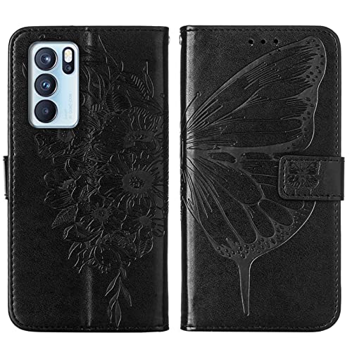 ONV Wallet Case for Oppo Reno 6 Pro 5G - Butterfly Embossed Phone Case with Card Holder Lanyard Stand Case Leather Magnetic Closure Flip Cover for Oppo Reno 6 Pro 5G [by] -Black