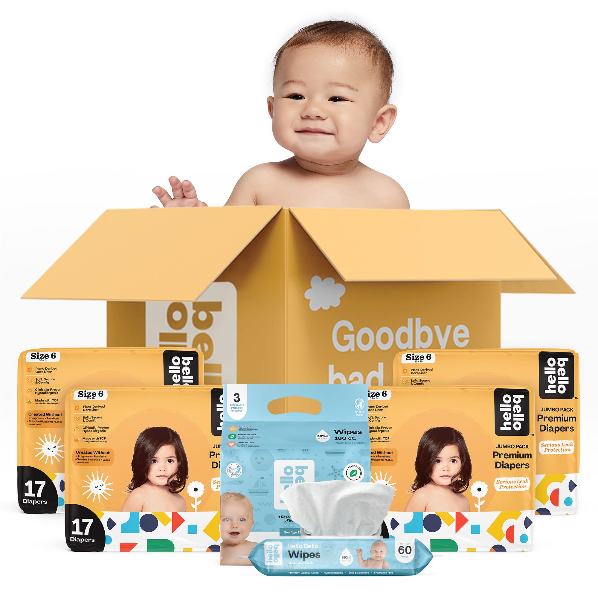 Hello Bello Diapers and Wipes Bundle for Babies | Size 6 | Boy Building Blocks Pattern, 72 Count (4 Packs of 18) | Wipes, Unscented, 180 Count (3 Packs of 60) | 252 Count