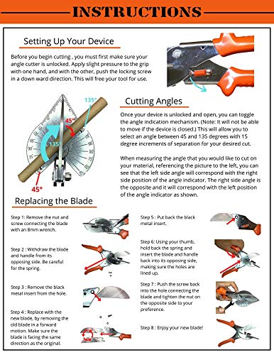 Multi Angle Miter Cutter | + Spare Blade | Hand Scissors Multipurpose Tool | 45-135 Degree Cutting | Stainless Steel, Rubber Handle & Safety Lock | Miter Shears, Trim, Chamfer & Quarter Round Cutters