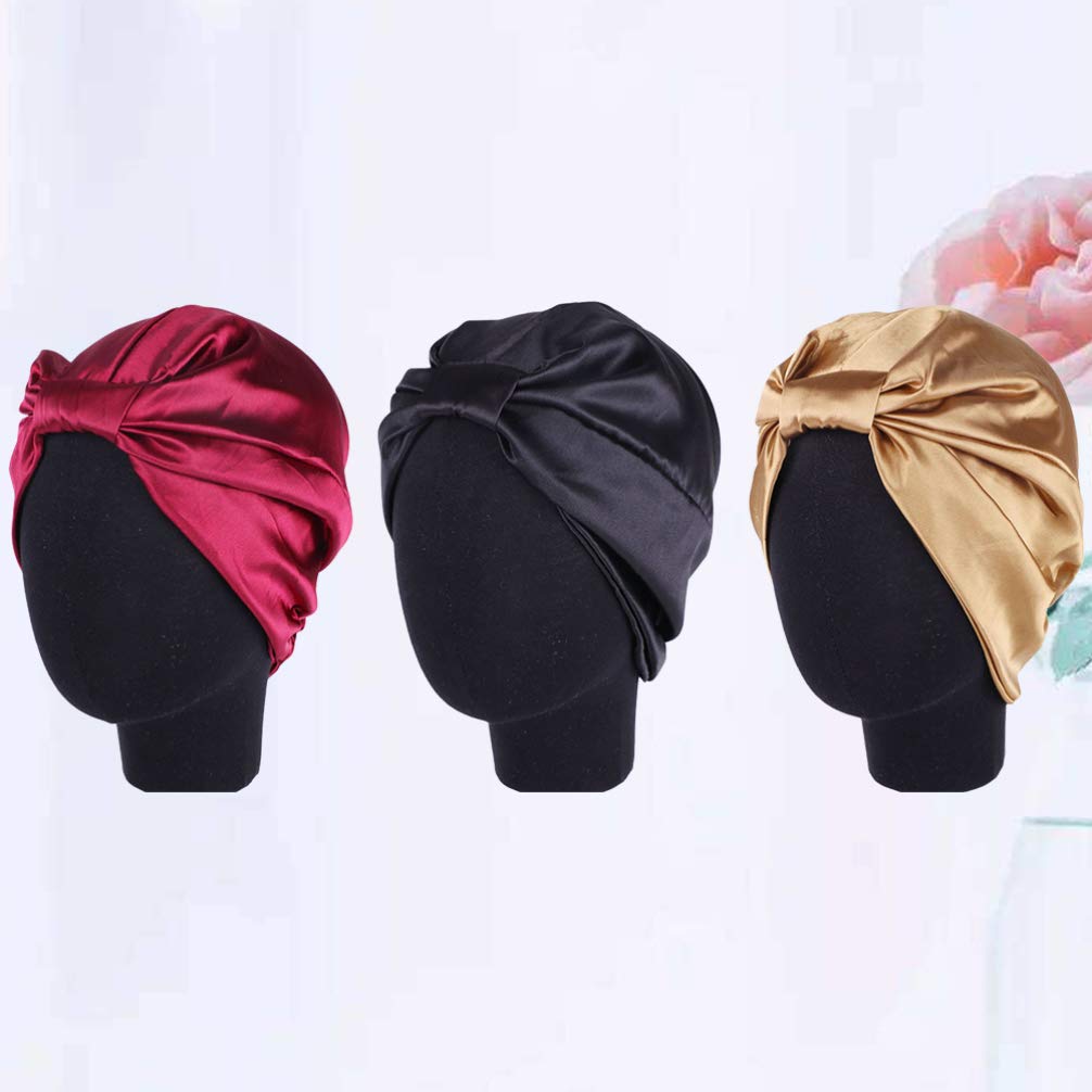 EXCEART 3pcs Satin Silk Lined Sleep Cap Beanie Hat Elastic Night Headwear Turban Sleep Cap Black Wine Red Khaki
