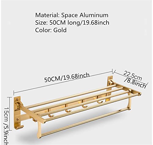 WANLIAN Towel Rack for Bathroom Adjustable 20 Inch Dual Towel Shelf with Double Bar Wall Mounted Stainless Steel Bath Towel Shelf Rack with Hooks Hotel Style Brass Gold (Gold)