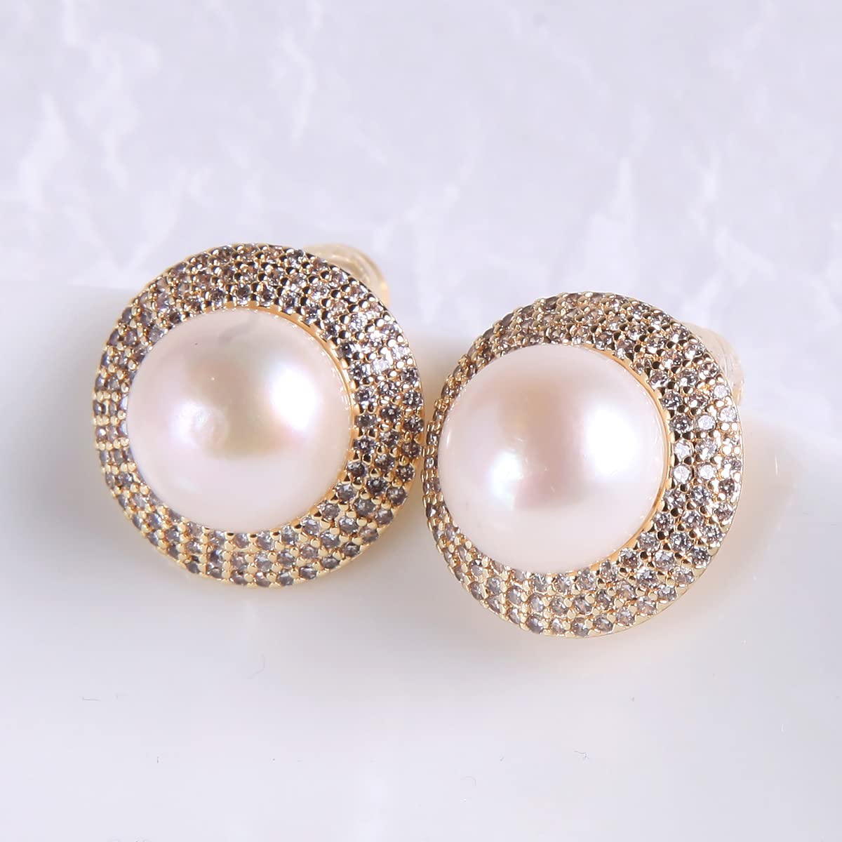 Guptue S925 Silver needles Pearl button stud earrings cultured freshwater pearl Cubic zirconia stud Earrings Birthday Gifts Women's Stud Earrings,Round 10-11mm pearl earrings (White)