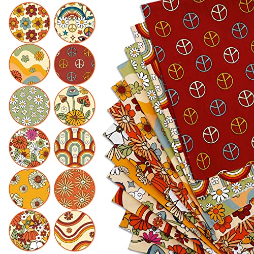 Whaline 12Pcs Fall Retro Floral Cotton Fabric Bundles 18 x 22 Inch Boho Hippie Groovy Boho Rainbow Printed Fat Quarter Quilting Patchwork Square Sewing Fabric for DIY Handmade Craft Home Party Decor