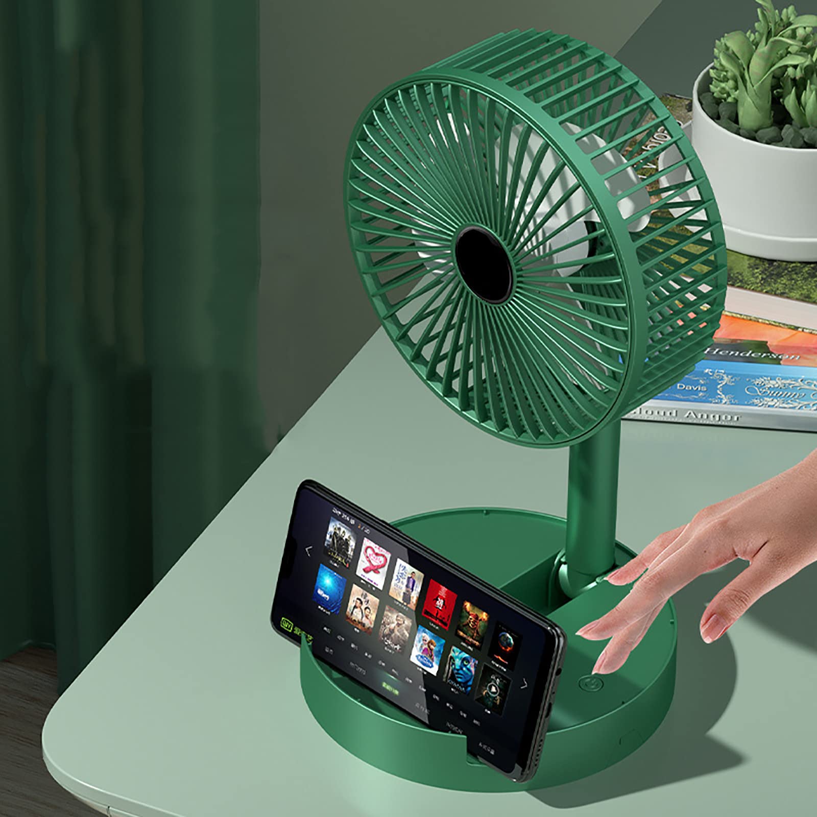 E I F E R Portable Folding Desk Fan with Phone Stand and Mini Storage Box, USB Rechargeable, 3 Speeds, for Desktop or Countertop Use, Green, Summer Essential Tool