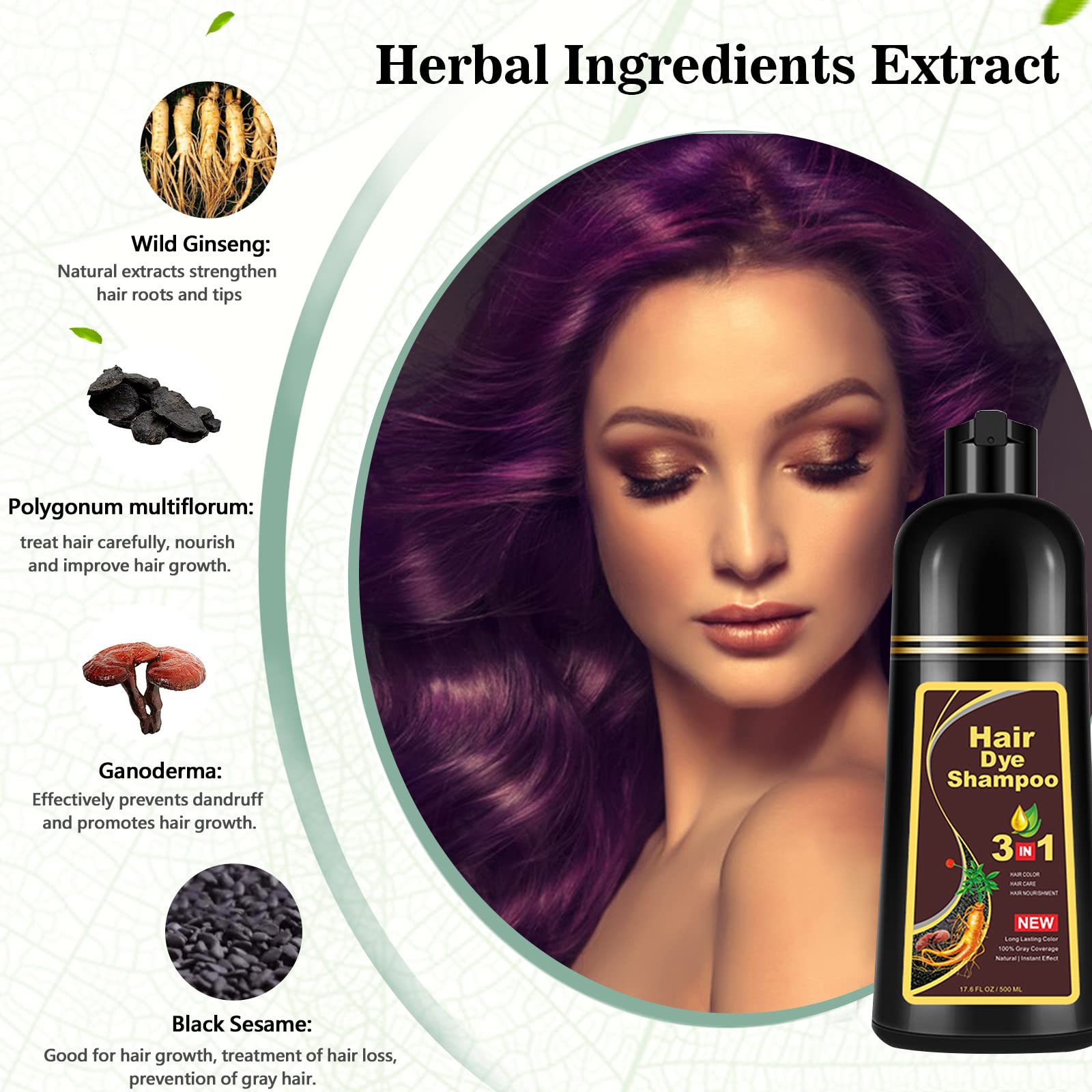 Instant Long-Lasting Purple Color Shampoo for Women and Men - Herbal 3-in-1 Hair Dye, 16.90 Fl Oz (Purple)