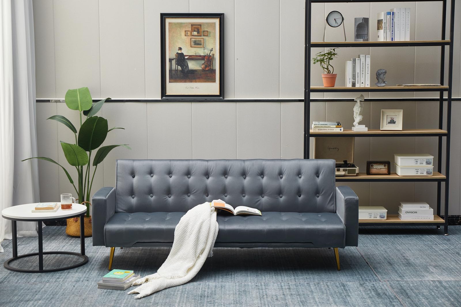 MODCART 75 Inch Velvet Futon Sofa Bed with Adjustable Back, Convertible Futon Couch, w/Tufted Buttoned Design & Metal Legs, Upholstered Slpper Bed for Home, Small Space Apartment