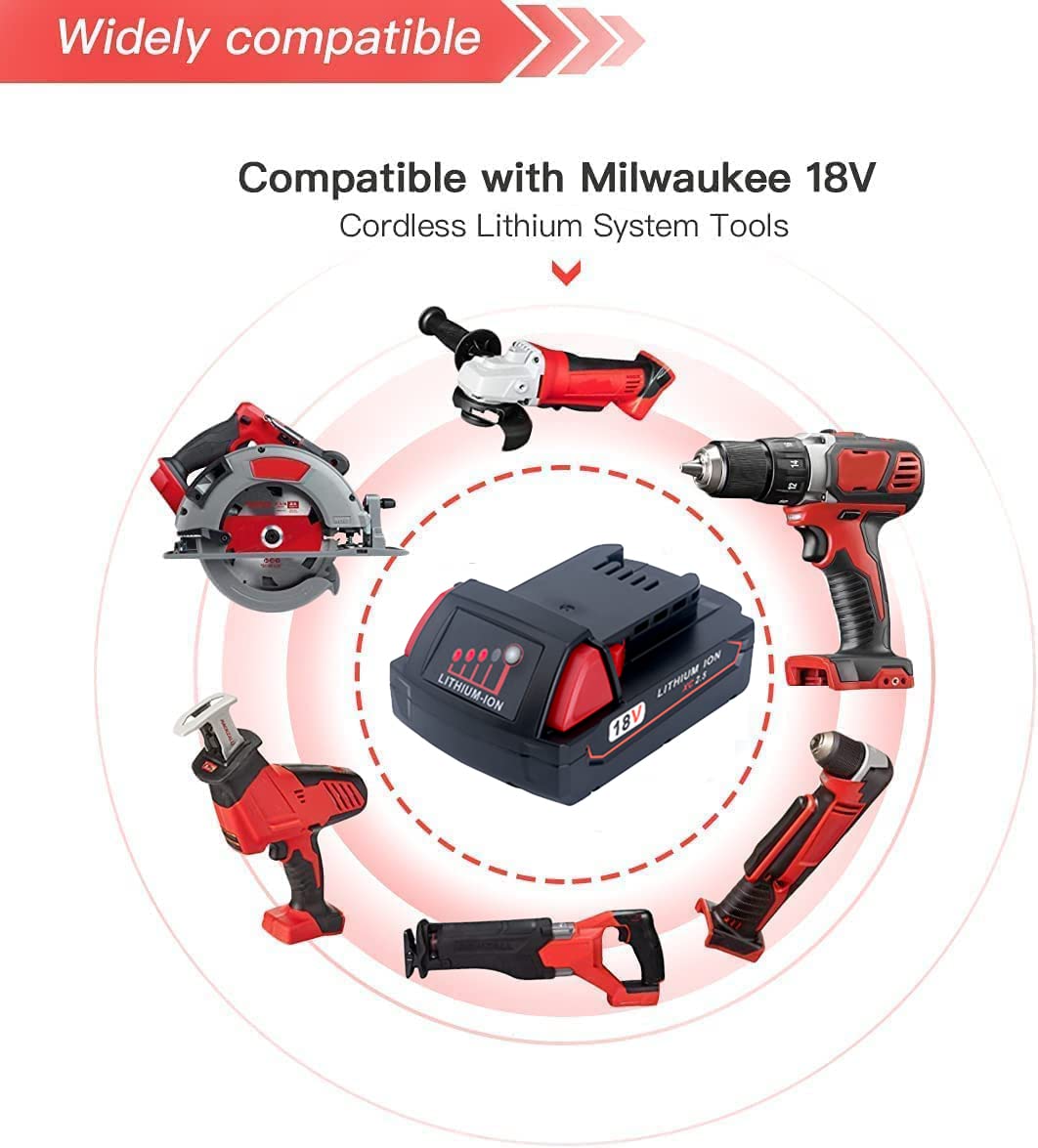 Epowon 2500mAh 18Volt Replacement Battery for Milwaukee 18V M18 Battery XC Compact 48-11-1811 48-11-1815 48-11-1820 Power Tools