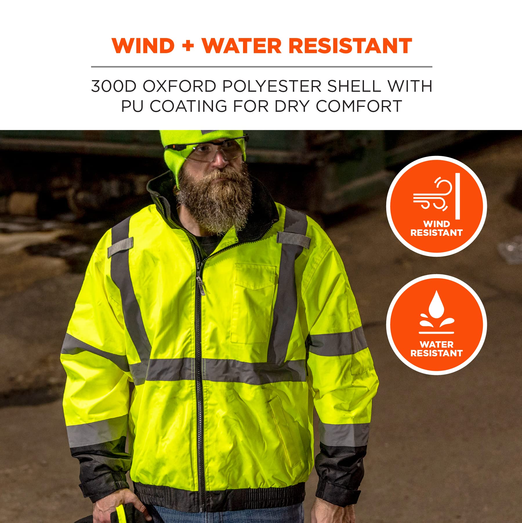 High Visibility Reflective Winter Bomber Jacket, Zip Out Fleece Liner, ANSI Compliant, Ergodyne GloWear 8379, Lime, Large
