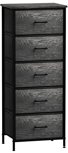 Sorbus Tall Fabric Storage Dresser - Stand Up Tower of 5 Drawers with Steel Frame, Wood Top, & Faux Wood Fabric - Great for Bedroom, Dorm, Closet, Living Room, Entryway - Narrow Nightstand Organizer