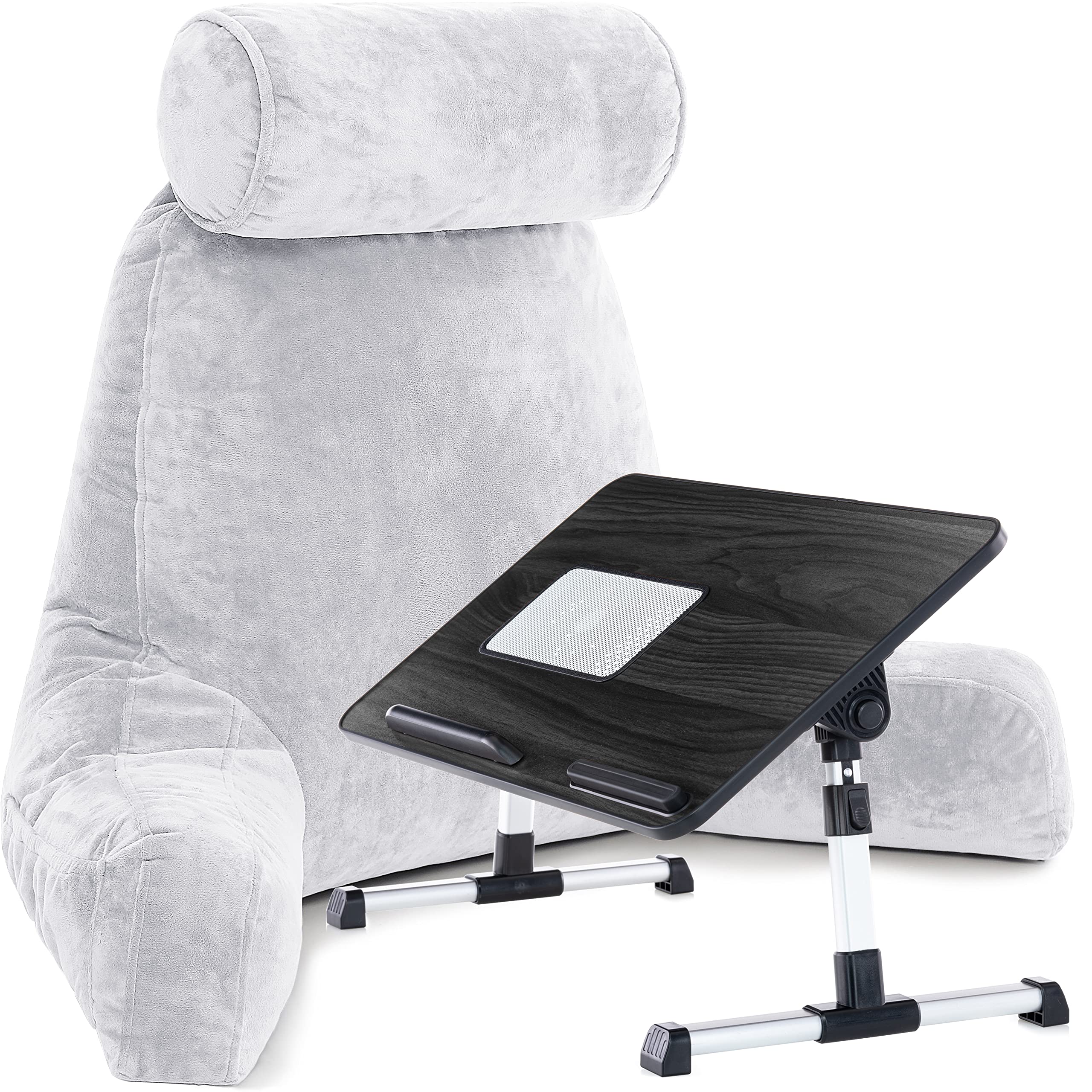 Husband Pillow Combo - Backrest Pillow with Arms : XXL Light Grey & Lap Desk Bed Tray : Grey - Memory Foam Reading Pillows for Bed w/Removable Neck Roll & Laptop Bed Tray Table