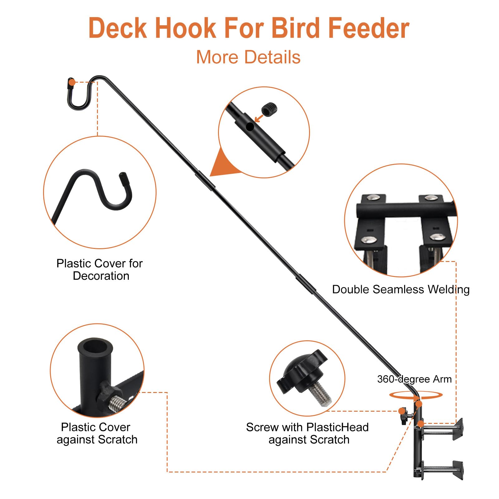 IVOODi Heavy Duty Deck Hook-Deck Railing Plant Hanger, 29 to 43 Inch Extended Bird Feeder Hanger W/Double Clamps,Versatile Deck Shepherd Hook for Hanging Bird Feeders,Lanterns,Planters etc.