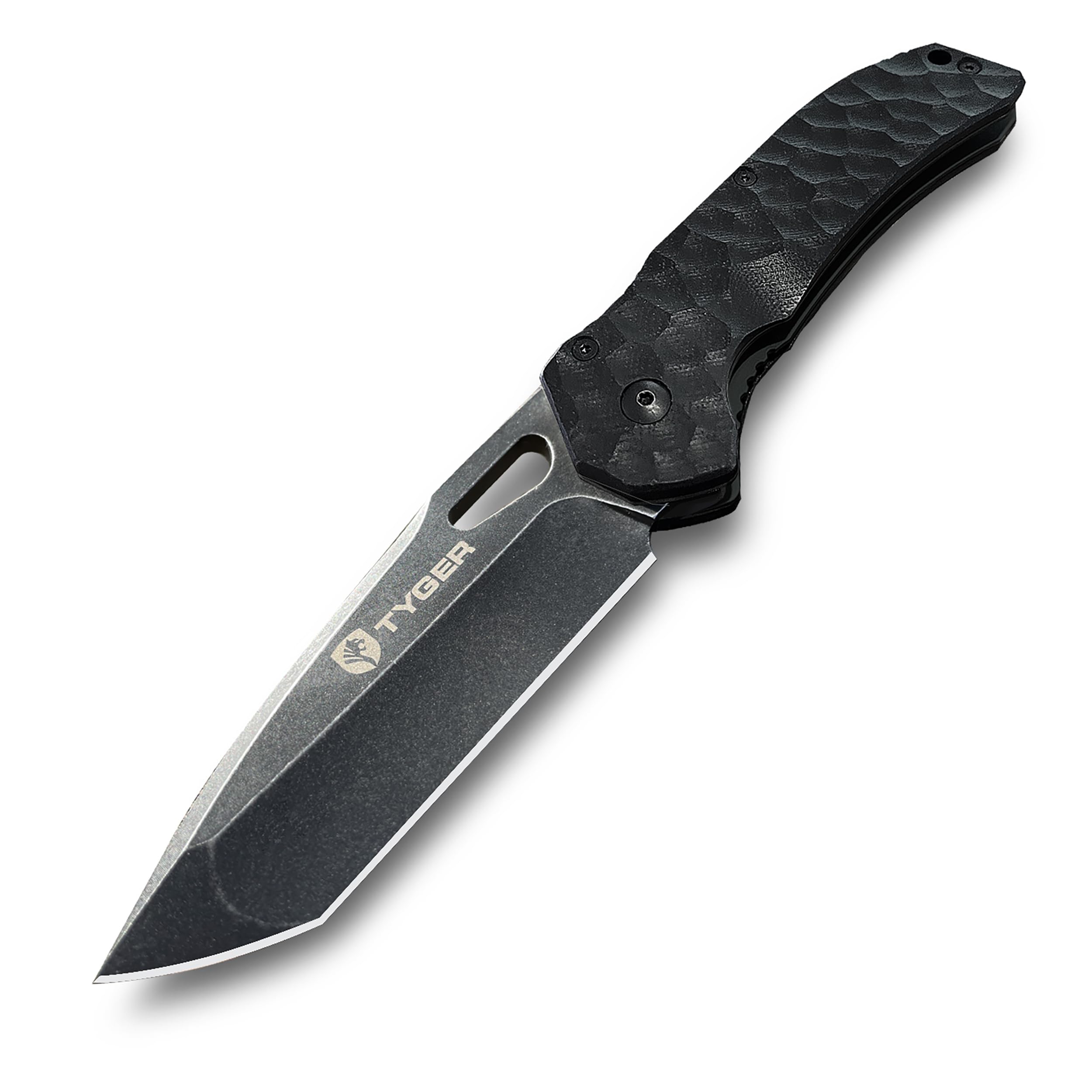Tyger K4 EDC Folding Pocket Knife | Stone-washed AUS-8 Steel Blade with Black Titanium Ion Carbide Coating | Black G-10 Handle | TG-KF7A2858