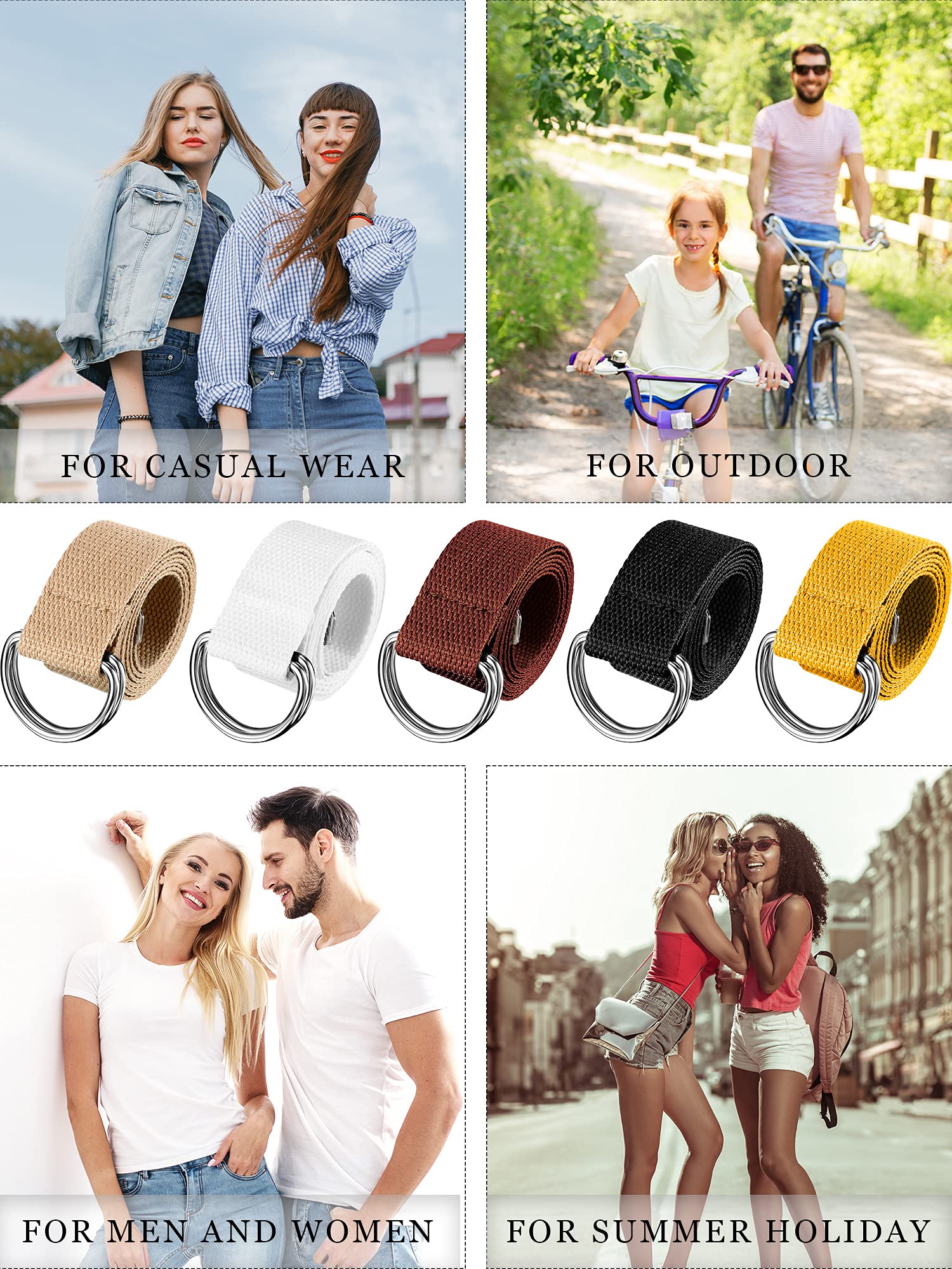 Geyoga 5 Pieces Canvas Belts D Ring Web Belt for Men Women, Fabric Belt with Double Buckle for Pants Skirts Shirts Christmas Favor