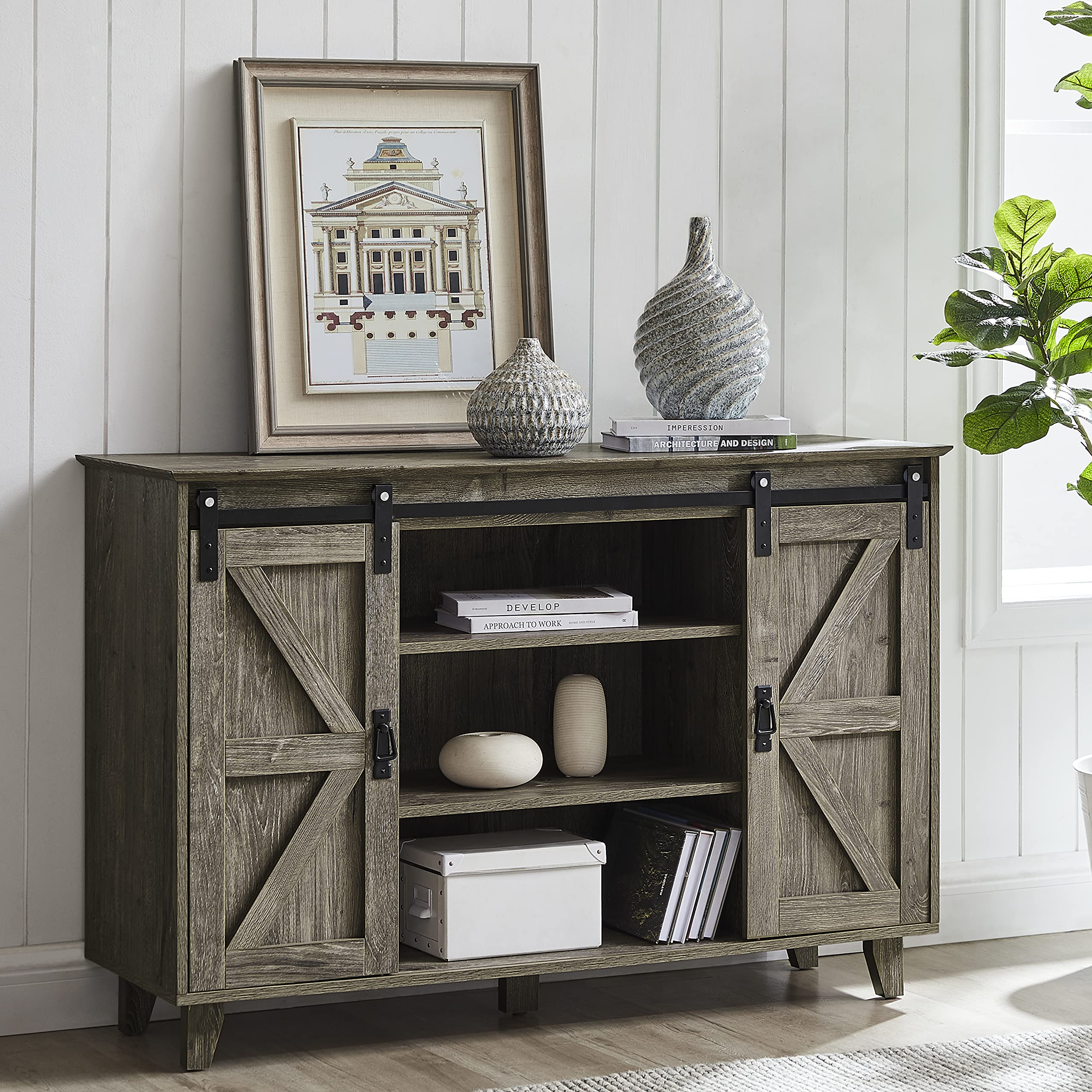 GOOD & GRACIOUS Sideboard for Livingroom, 50 inch Farmhouse TV Stand with Sliding Barn Doors, Sideboard Buffet 3-Tier Storage Cabinet for Kitchen