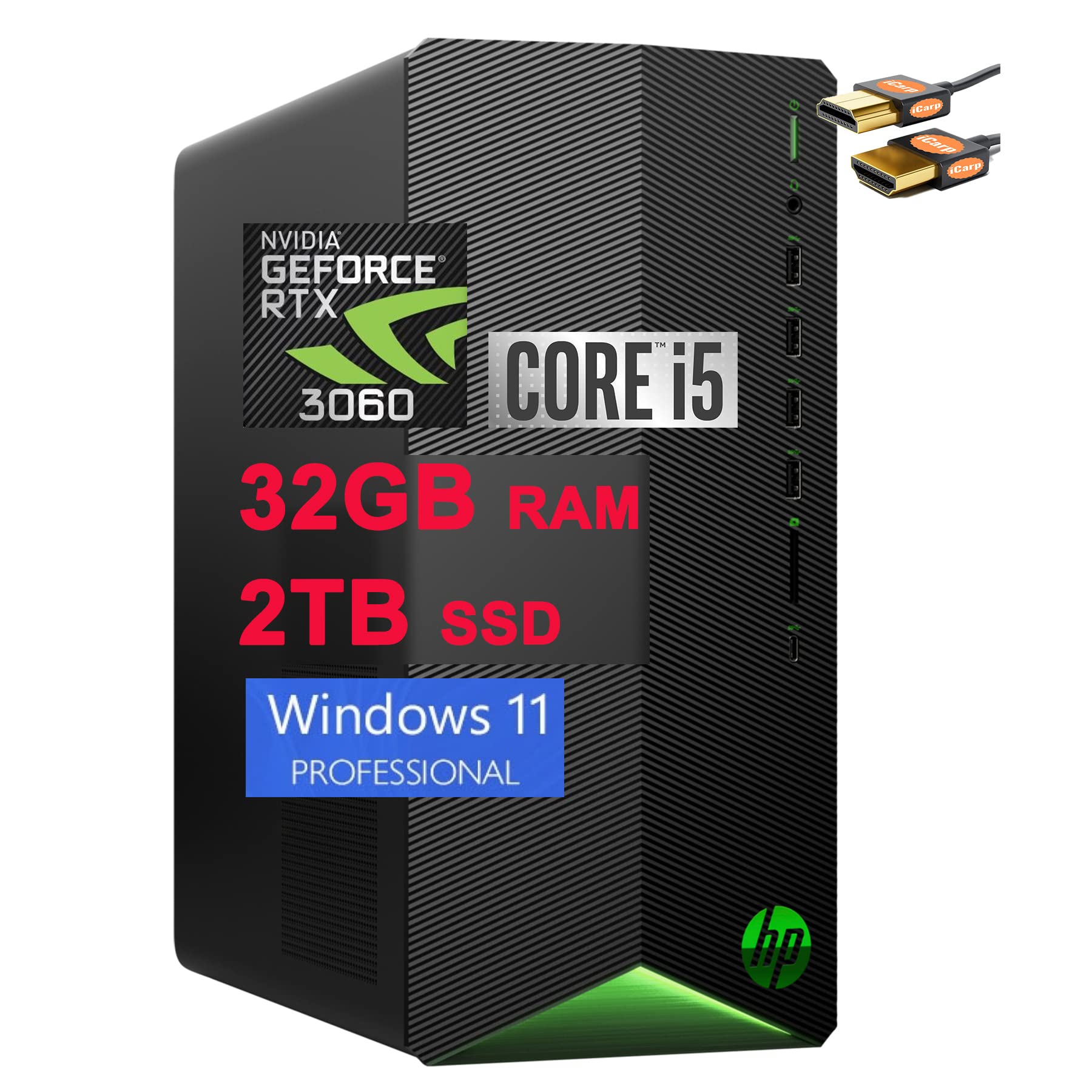 HP Pavilion Gaming Desktop Computer 10th Generation Intel Hexa-core i5-10400F Processor 32GB RAM 2TB SSD GeForce RTX 3060 12GB Graphic USB-C DiplayPort Bluetooth Win11Pro Black + HDMI Cable