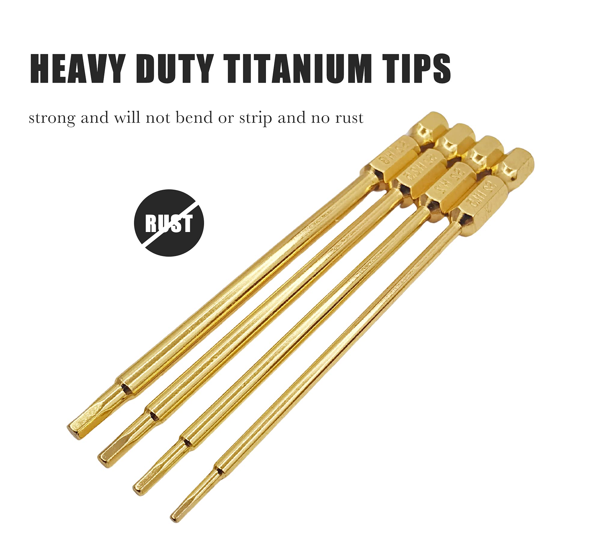 HOPLEX RC Hex Bit Set 1.5 2.0 2.5 3.0mm Hex Head Allen Wrench S2 Steel Titanium Hexagon Screwdriver Tool Kit 1/4" Hex Shank 3.9" Long for Bit Electric Screwgun/Power Drill RC Repair Working