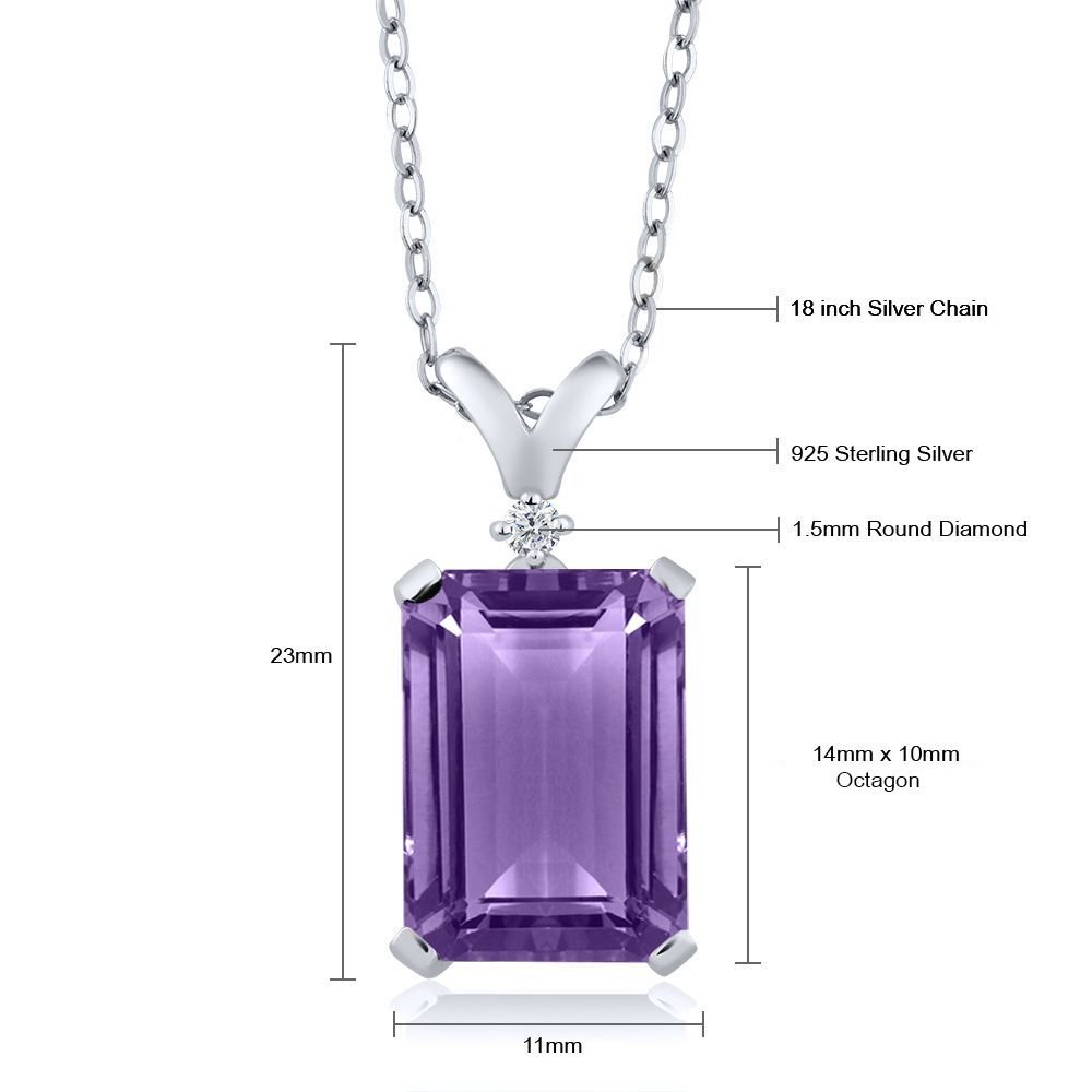 Gem Stone King 925 Sterling Silver Purple Amethyst and White Diamond Pendant Necklace For Women (6.27 Cttw, Gemstone Birthstone, Emerald Cut 14X10MM, With 18 Inch Silver Chain)