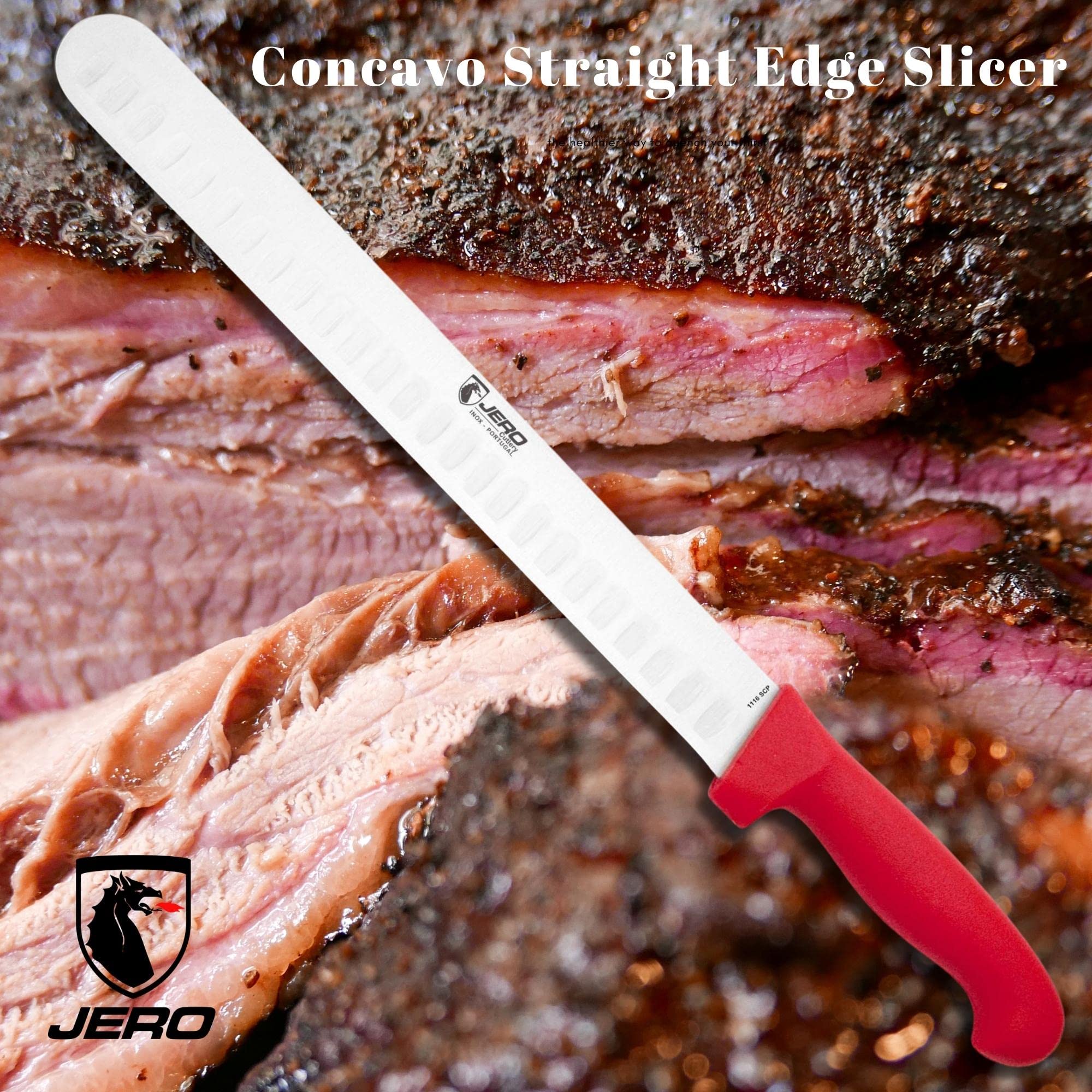 Jero Pitmaster Series Concavo Slicer - Wide 12" Granton Straight Edge Blade - Manufactured From German High-Carbon Stainless Steel - Ergonomic Easy Grip Polymer Handle - Ultimate Meat Slicer