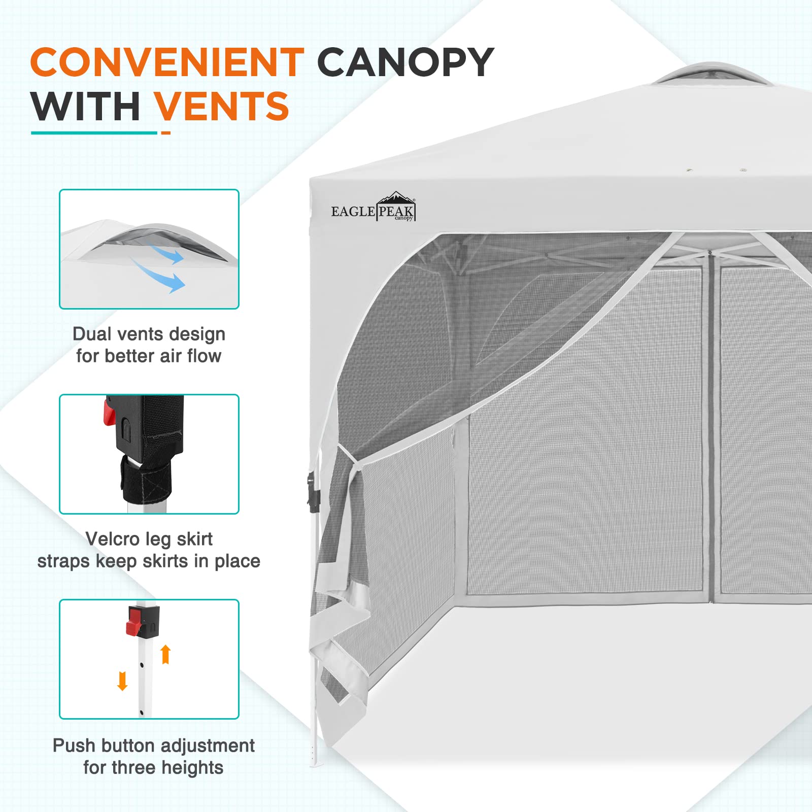 EAGLE PEAK 10' x 10' Outdoor Pop Up Canopy Tent, Pop Up Screenhouse, Portable Sun Shelter with Mosquito Netting, Vented Top and Wheeled Carrying Bag, White