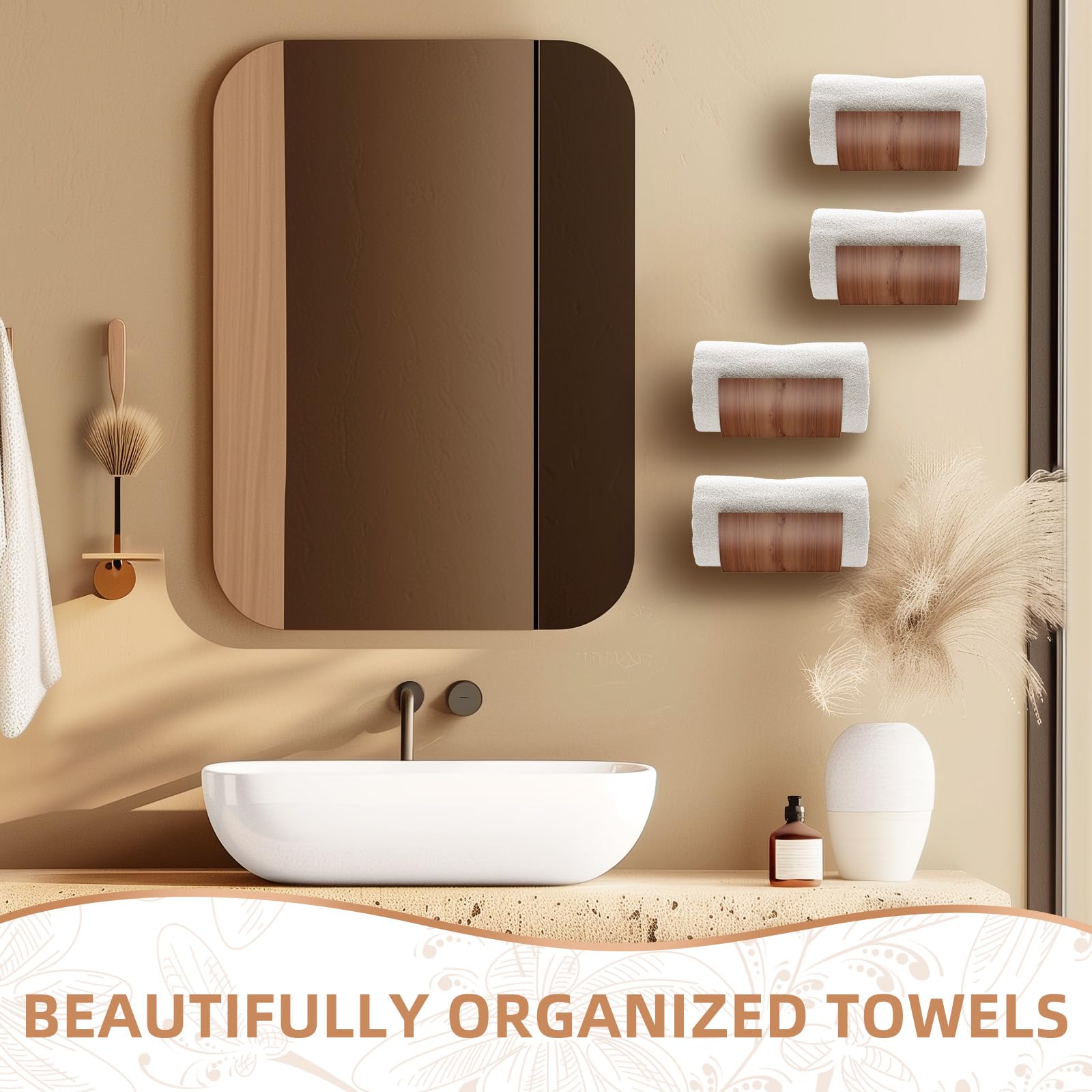 Towel Racks for Bathroom Set of 4 Wall Towel Racks, Versatile Hanging Towel Organizer,Wood Towel Holder for Rolled Towels, Spa, Blanket, Yoga Mat – Easy Installation, Eco-Friendly