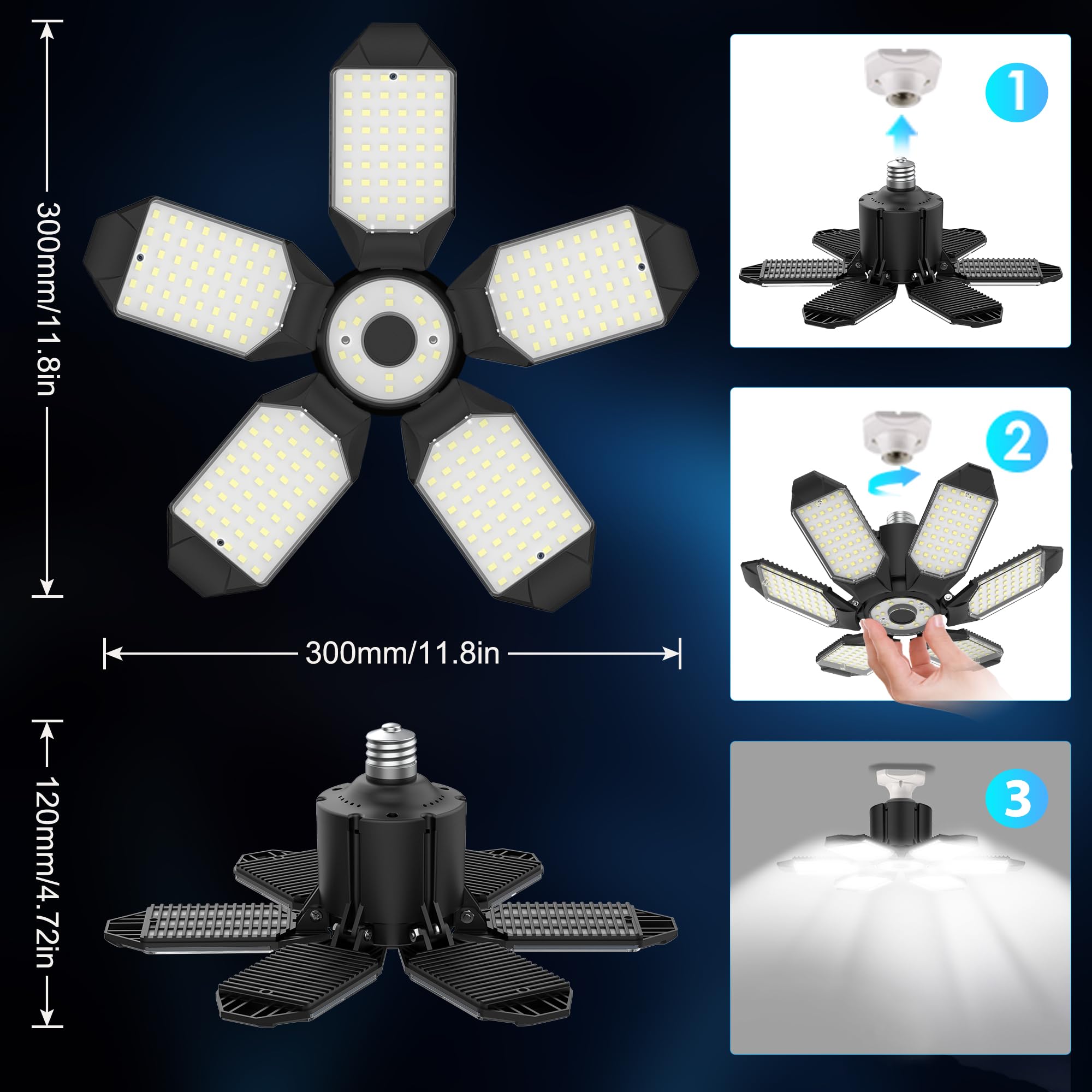LED Garage Ceiling Light 150W 15000LM Super Bright Light Bulbs with 6 Adjustable Panels E26/E27 Screw in LED Shop Lights Deformable Garage Lighting for Workshop, Warehouse, Basement -2 Pack