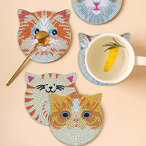 MVVMTOP 6 Pcs Diamond Painting Coasters with Dimensional Holder, DIY Non-Slip Cat Coaster Diamond Art Kits for Beginners, Kids and Adults Craft Supplies