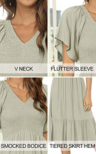Zattcas Womens Short Flutter Sleeve V Neck Smocked Ruffle Midi Tiered Dress Light Sage S