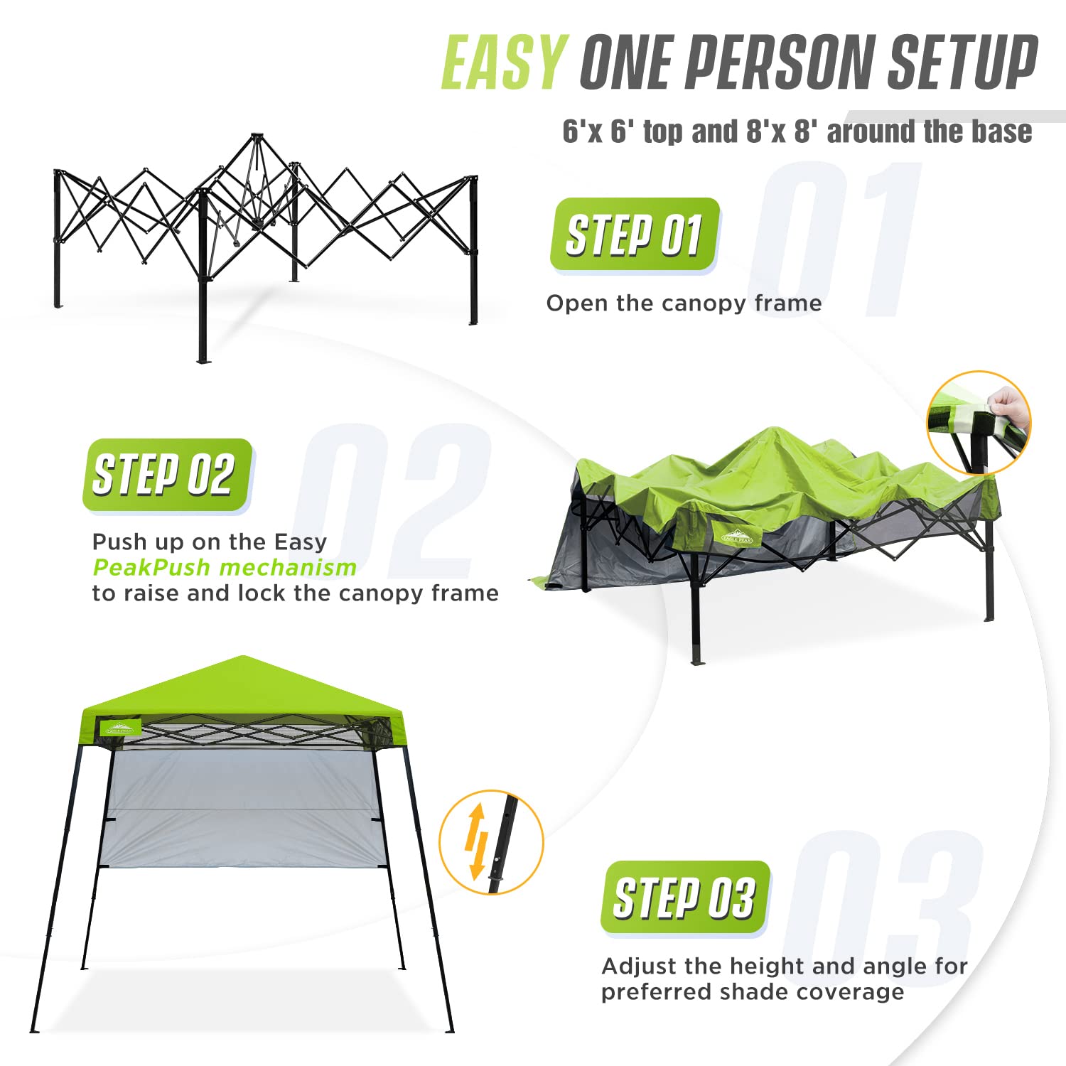 EAGLE PEAK 8x8 Pop Up Canopy Tent with Sidewall, Compact, Portable Slant Leg Instant Sun Shelter for Beach, Sports, & Camping, 8x8 Base 6x6 Top, Green