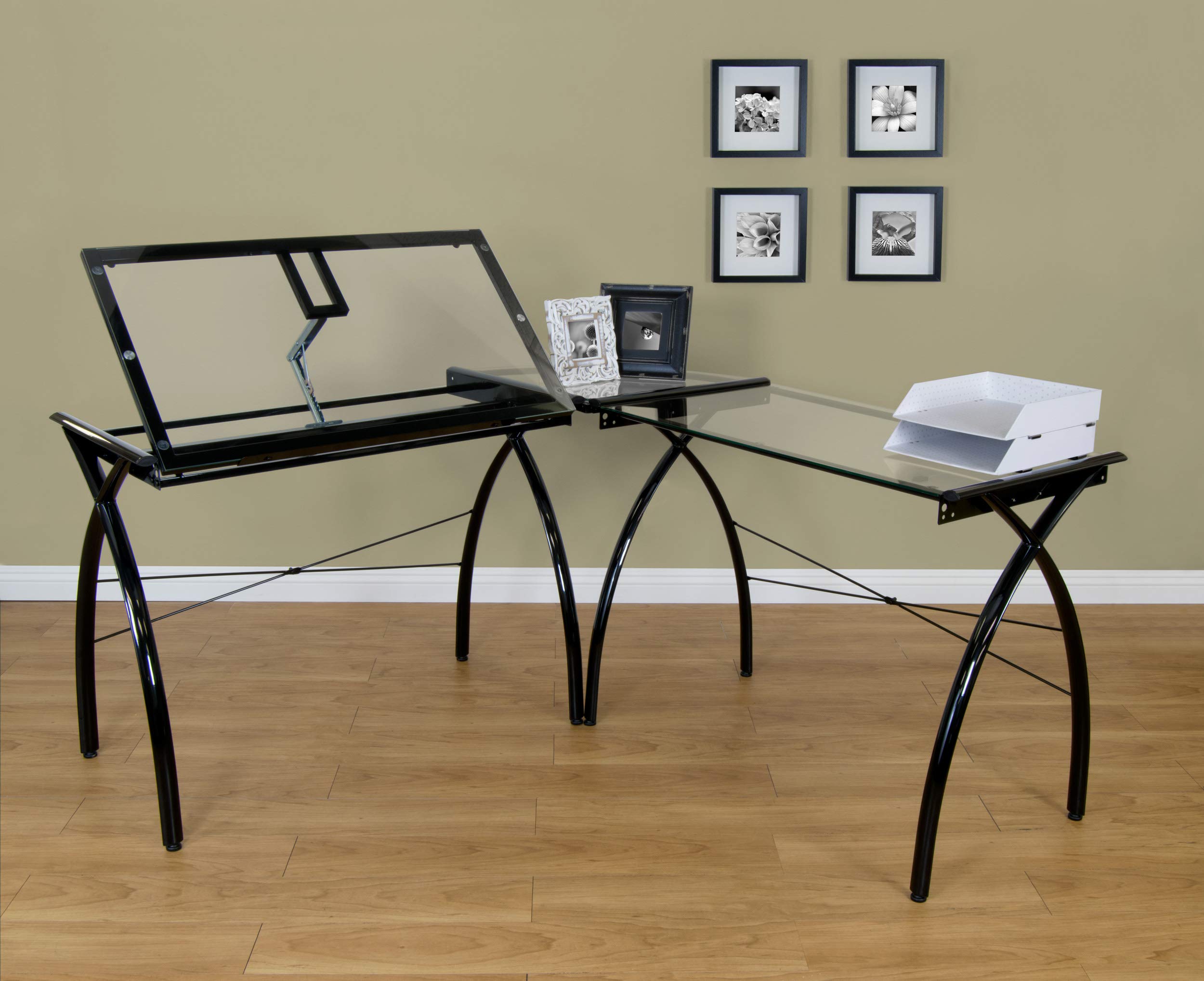 SD STUDIO DESIGNS Futura LS WorkCenter with Tilt Top Adjustable Drafting Table Craft Table Drawing Desk Hobby Table Writing Desk Studio Desk, Black / Clear Glass.