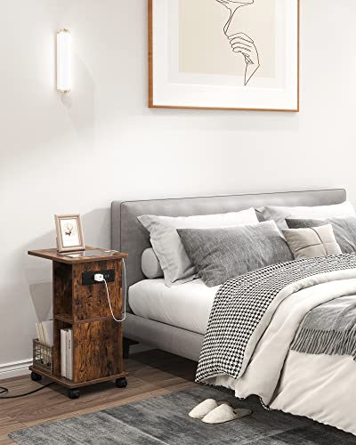 HILINSIE C Shaped End Table with Charging Station - Narrow Side Table with USB Ports and Outlets for Small Spaces, 3-Tier Storage Shelves Nightstand, 11.9 x 15.8 x 21.7 Inches, Rustic Brown