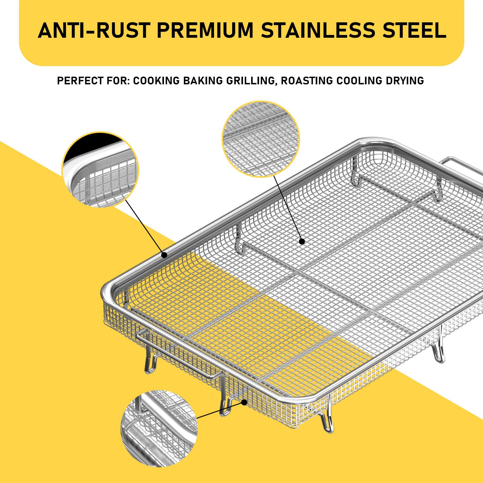 Extra Large Air Fryer Basket for Oven, 18.7'' x 11.9'' Stainless Steel Crisper Basket for Convection Oven, Baking Pan Perfect for the Grill, Dishwasher Safe, 2 Pack