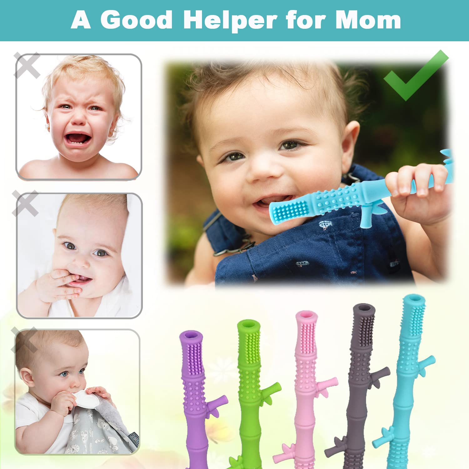 Hollow Teether Tubes for Babies 6-12 Months, 5 Pack Silicone Chew Straws Toys for Infant Toddlers, Bamboo Baby Toothbrush Molar Teether Toys with Safety Shield for Nursing Biting Chewing