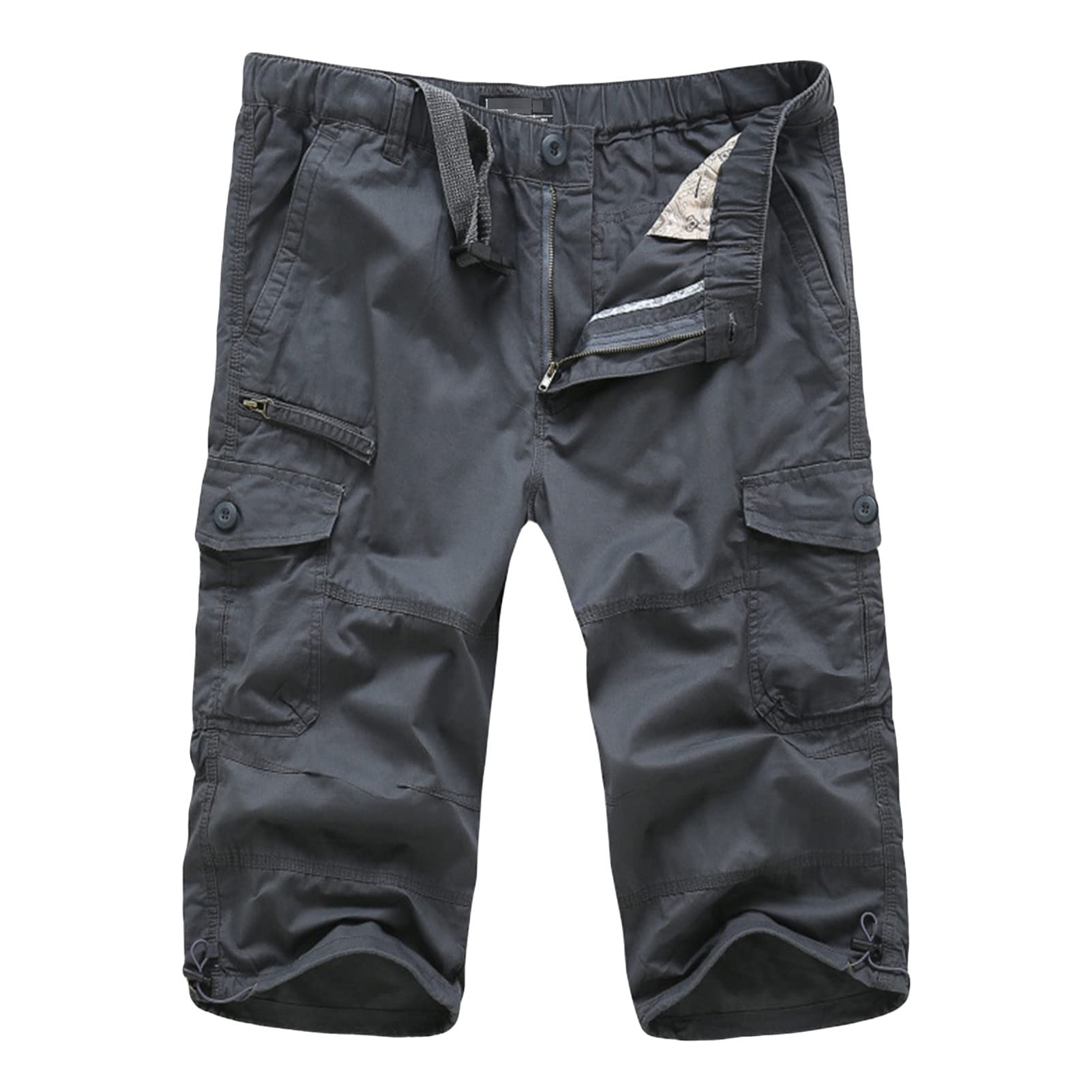 Men's Relaxed Fit 3/4 Cargo Shorts Twill Elastic Waist Multi Pocket Capri Pants Casual Loose Fit Below Knee Short (Grey,Medium)