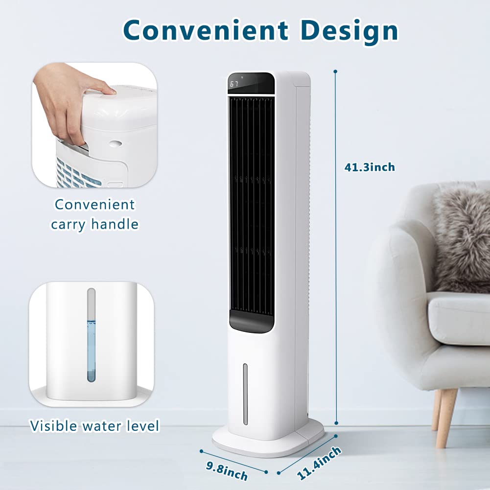 LifePlus Portable Evaporative Cooler - 41” Quiet Cooling Tower Fan Humidifier Air Cooler Swamp Cooler with Bladeless Design, 50° Oscillation, Remote Control, 3 Modes 3 Wind Speeds, 4 Ice Boxes