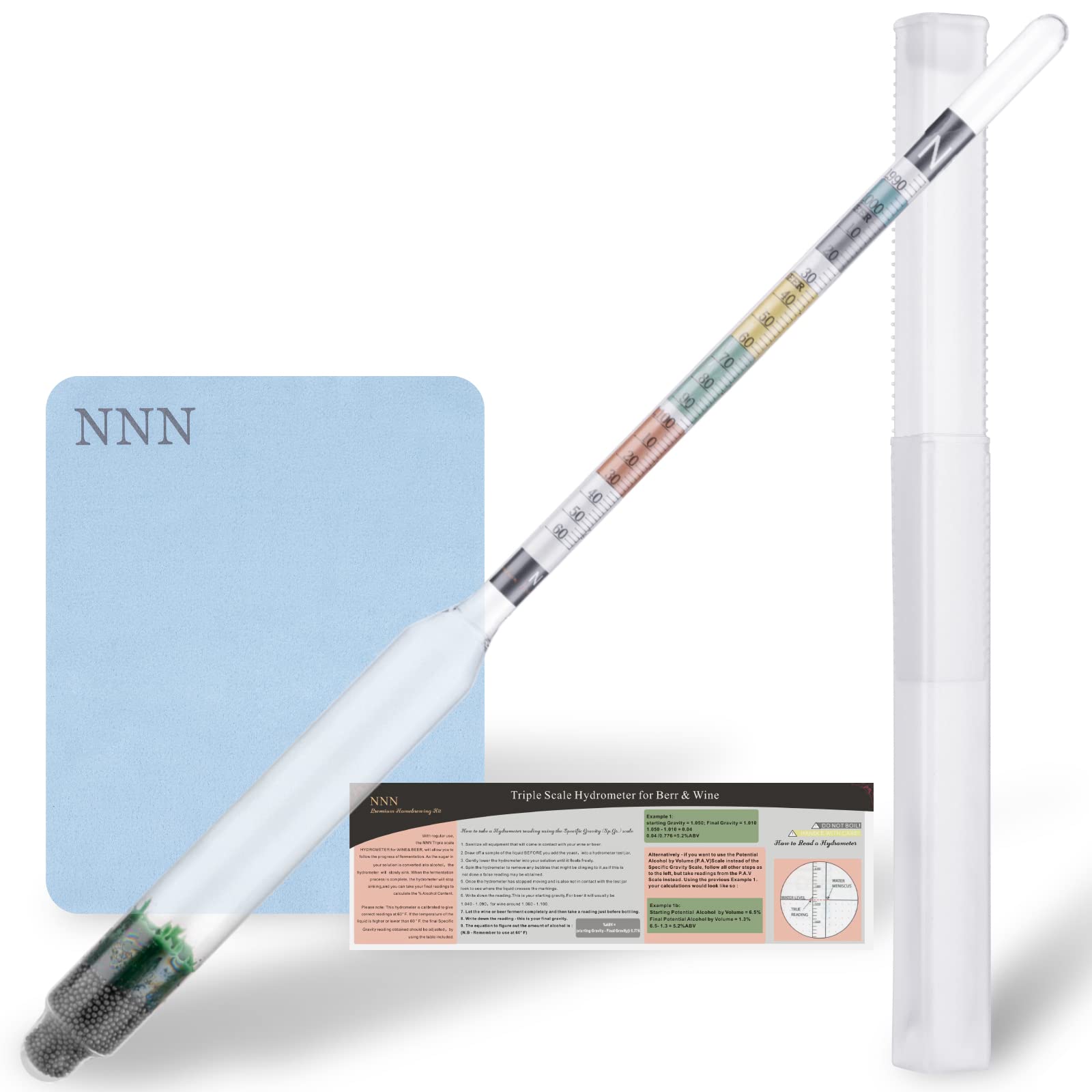 Hydrometer - for Home Brew Beer, Wine, Mead and Kombucha - Exquisite Triple Scale Set, Hardcase and Cloth - Specific Gravity ABV Tester